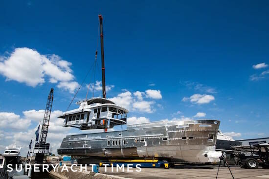 Wim van der Valk's Trawler 2395's hull and superstructure joined