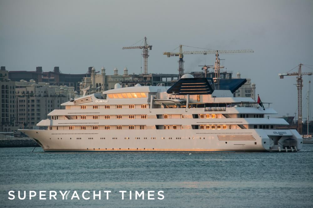 The 90m superyacht Dubawi cruising at The Palm, Dubai
