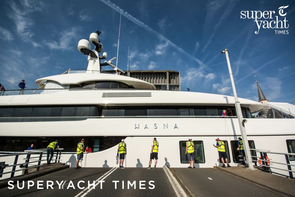 Superyacht Hasna departs Feadship shipyard