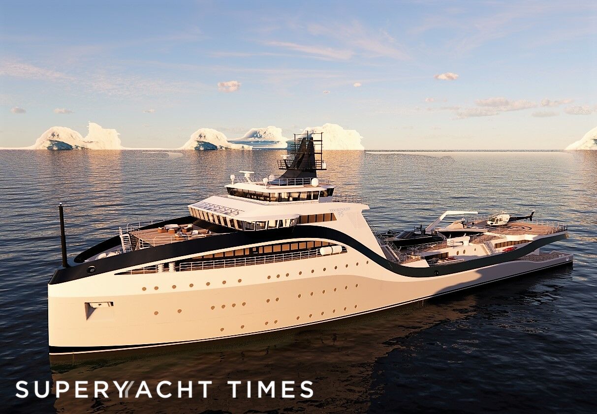 New multipurpose design revealed for 95m hybrid yacht with heli-facility