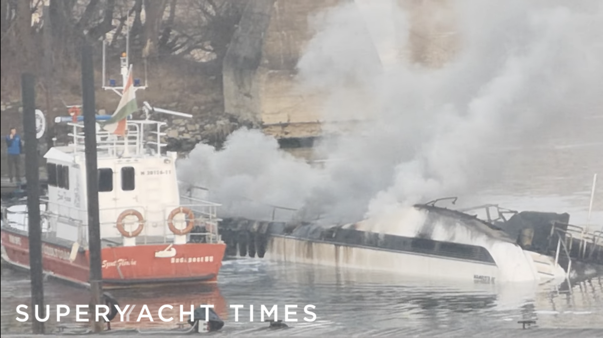25m Overmarine yacht Le St-James catches fire in Hungary