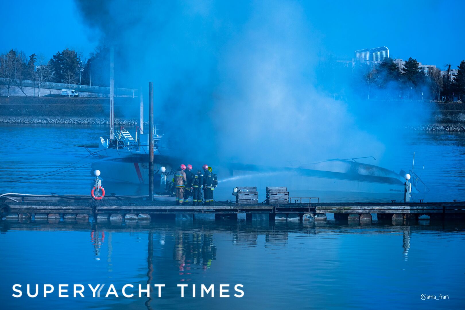 25m Overmarine yacht Le St-James catches fire in Hungary