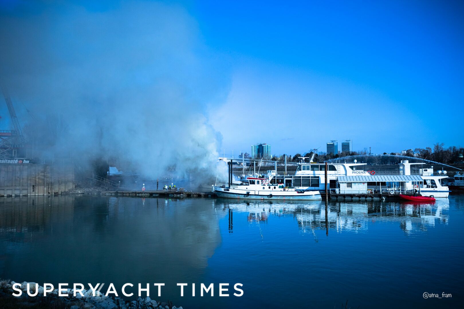 25m Overmarine yacht Le St-James catches fire in Hungary