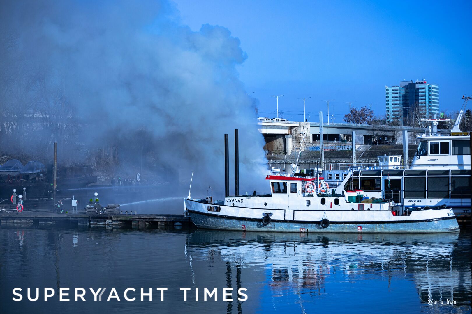 25m Overmarine yacht Le St-James catches fire in Hungary