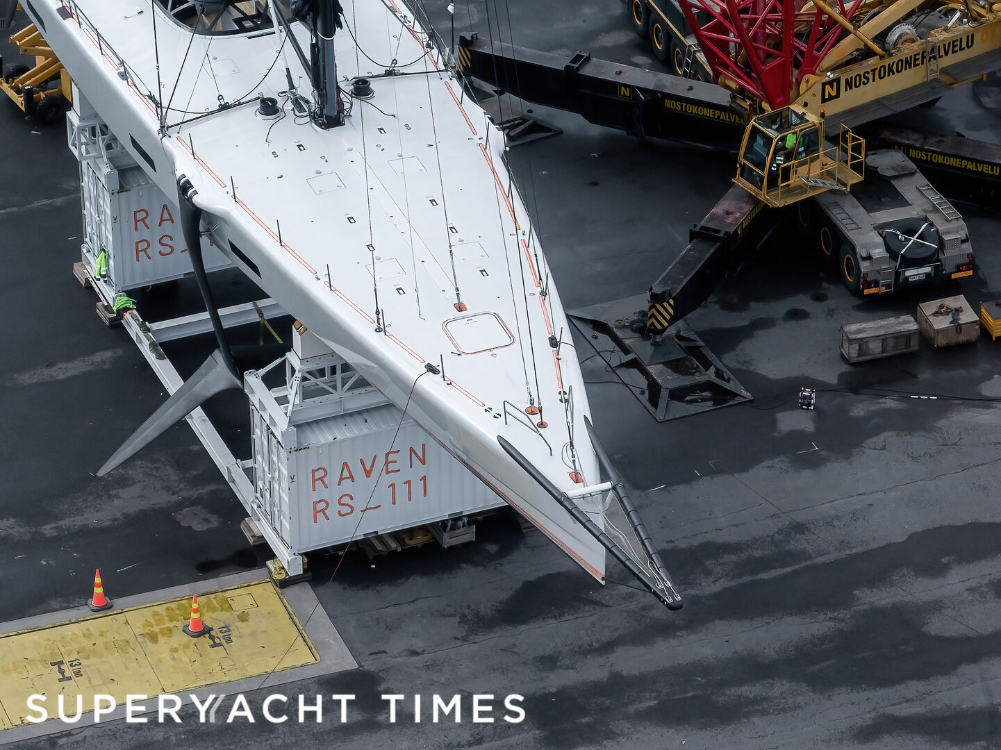 New images of the 34m Baltic 111 sailing yacht Raven preparing for her foil-assisted sea trials