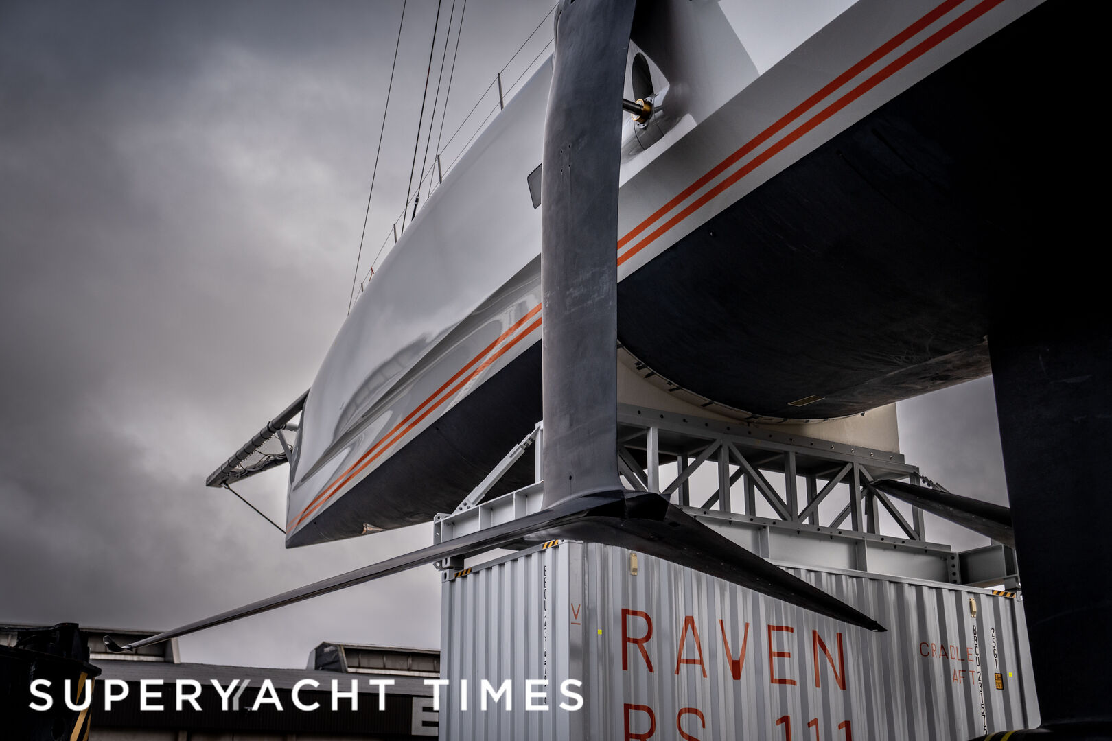 New images of the 34m Baltic 111 sailing yacht Raven preparing for her foil-assisted sea trials