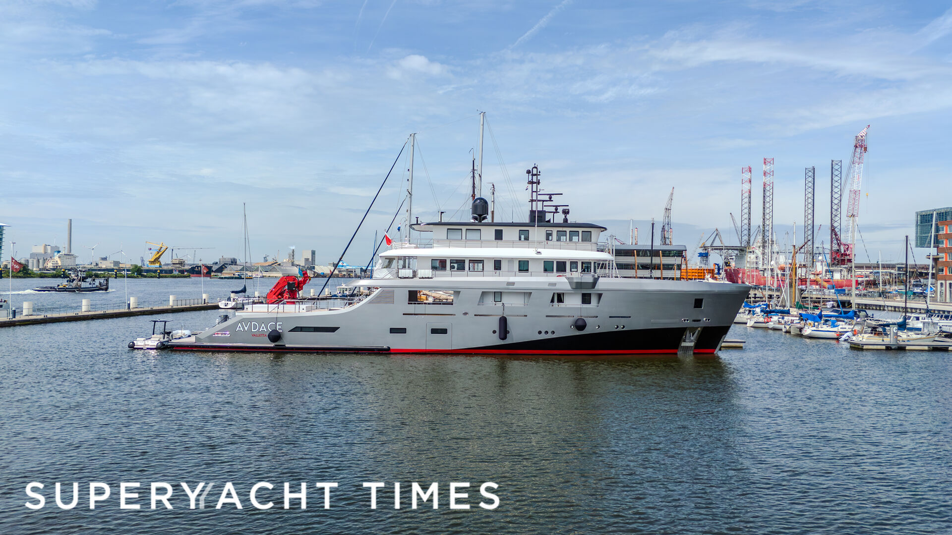 47m CdM motor yacht Audace docked in Amsterdam
