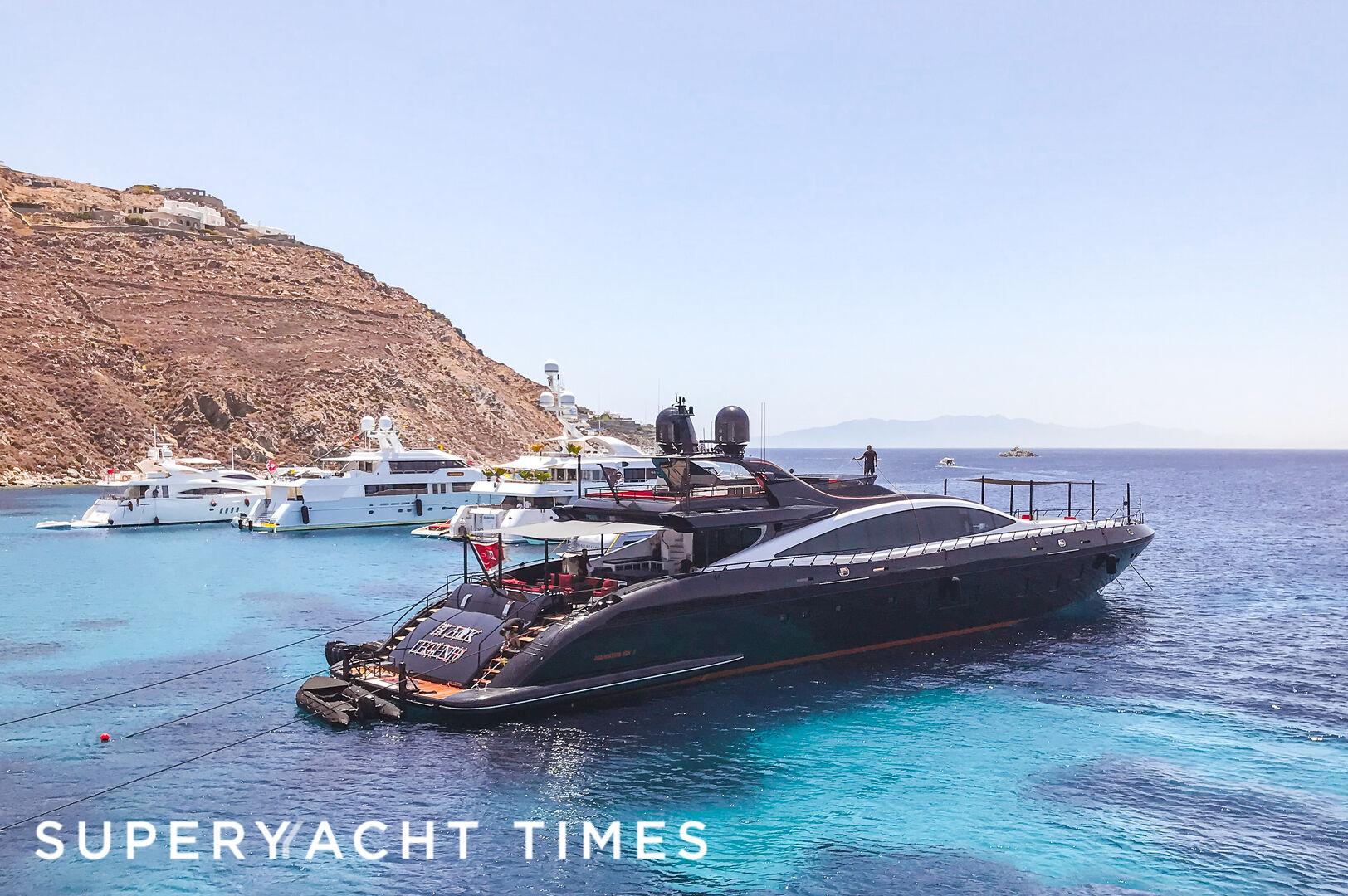 The jet-black 50m Mangusta superyacht Black Legend in Mykonos