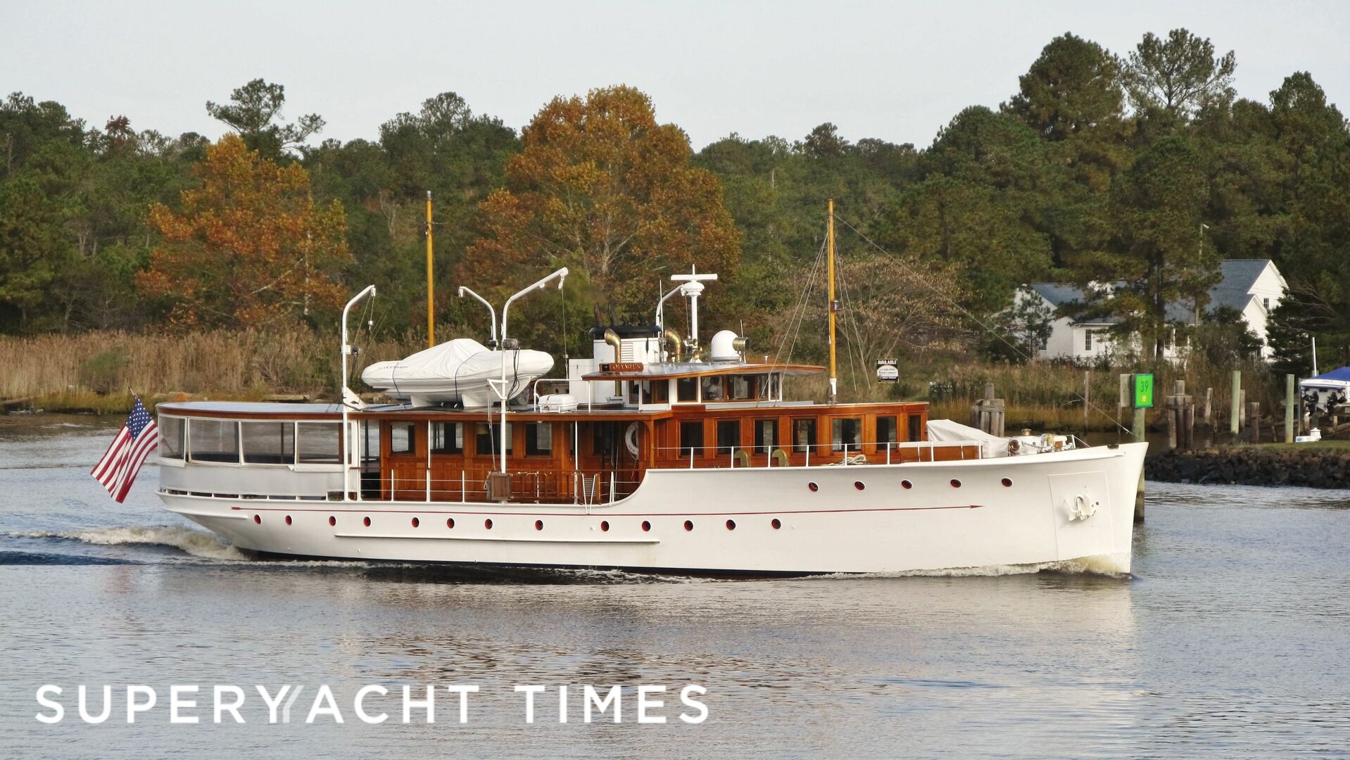 The classic 28m American motor yacht Olympus in Bells Mill